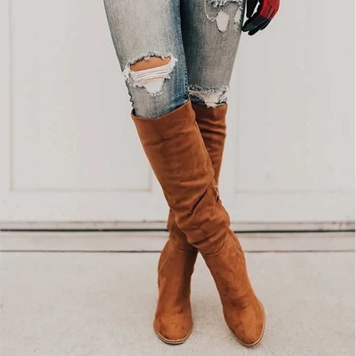 Mode grande taille bottes femmes automne long tube chaussures à talons ...