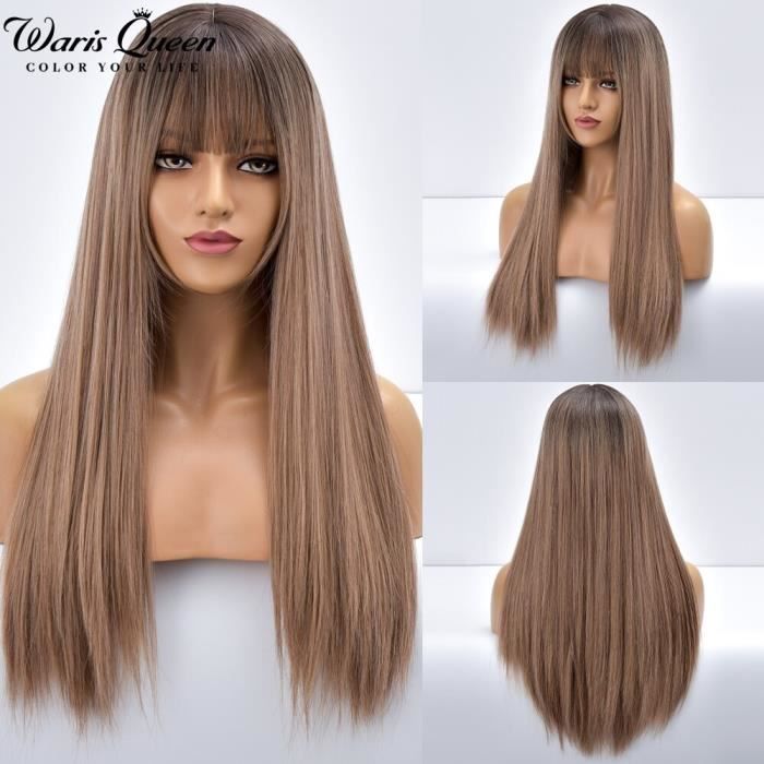 Perruque Synthétique Longue Et Lisse Avec Frange Pour Femmes 26 Pouces ...