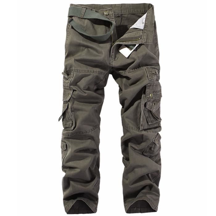 Pantalon Cargo Multi-poches Homme Coupe Droite Pantalon Militaire en Coton Couleur Unie Tissu ...