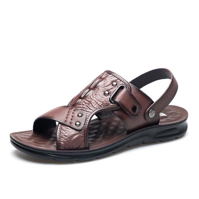 Sandales Homme en Cuir véritable Bout Ouvert Sandale de Plage Sandales ...