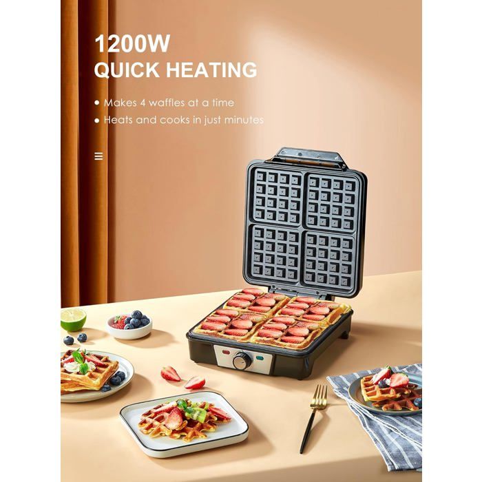 Gaufrier, Machine À Gaufre Pour 4 Gaufres, 1200W Chaleur Rapide Et ...