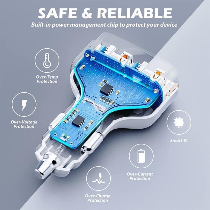 Chargeur Voiture USB C Câble,4 Port 50W 12V Type C PD&QC Rapide Charge ...