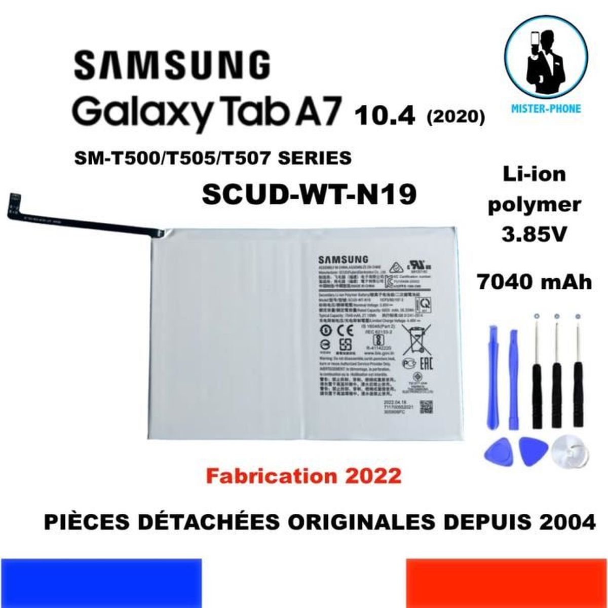 BATTERIE ORIGINALE SAMSUNG GALAXY TAB A7 10.4 2020 SCUD-WT-N19 7040mAh SM-T500 + KIT OUTILS ...