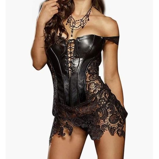 Femmes Faux Cuir Corset Robe Corsage Gothique Steampunk Dentelle Lingerie Bustiers Noir ...