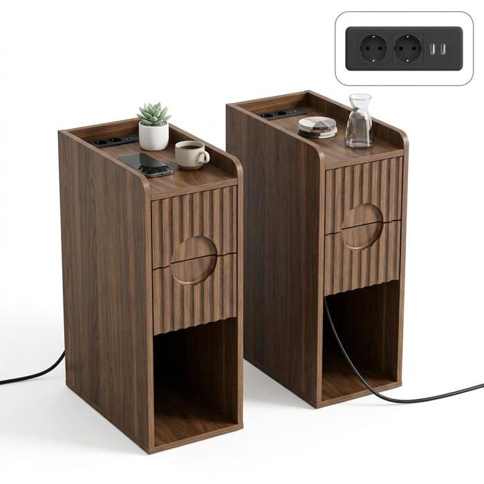 JoyGarden Lot de 2 Chevets Étroits avec Prise – Bois Noyer, Tiroir et ...