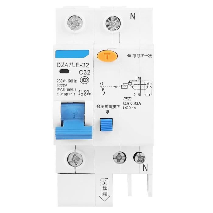 DZ47LE-32 RCCB Disjoncteur Différentiel 30mA 32A 230V, 1P + N, Fuite Surcharge Court-circuit ...