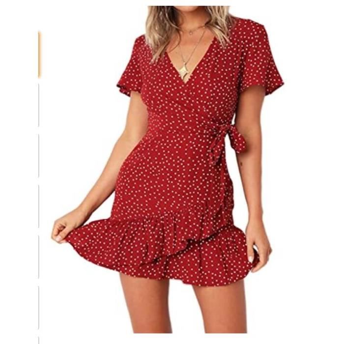 Robe Ete Femme Courte Chic,à Volants V Imprimé Pois Mini Dress,elégante ...