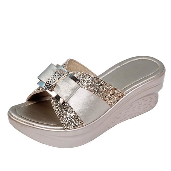 Plateforme Compensee A Bout Ouvert Sandales, Sandales Dorees A Nœud ...
