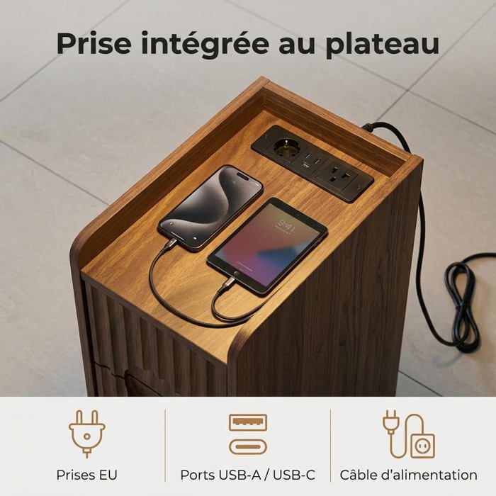 JoyGarden Lot de 2 Chevets Étroits avec Prise – Bois Noyer, Tiroir et ...