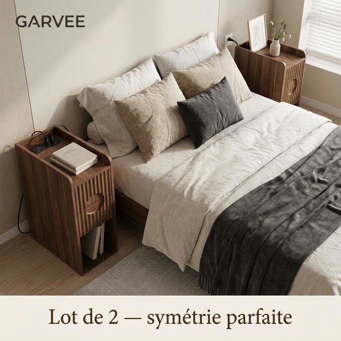 JoyGarden Lot de 2 Chevets Étroits avec Prise – Bois Noyer, Tiroir et ...