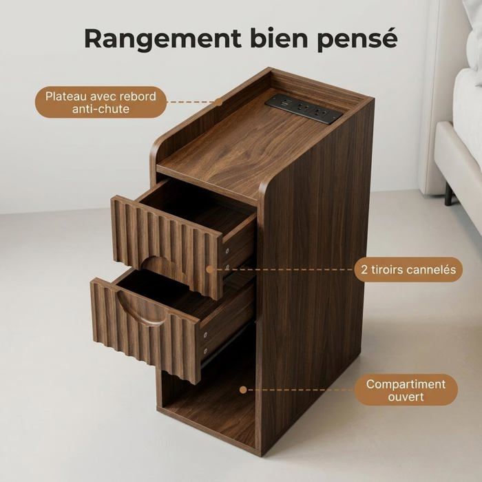 JoyGarden Lot de 2 Chevets Étroits avec Prise – Bois Noyer, Tiroir et ...