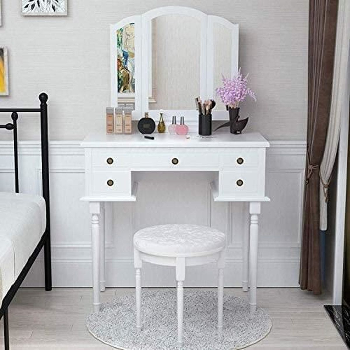 Mecor Meuble Coiffeuse 5 Tiroirs Séparés avec Miroir, Table de ...