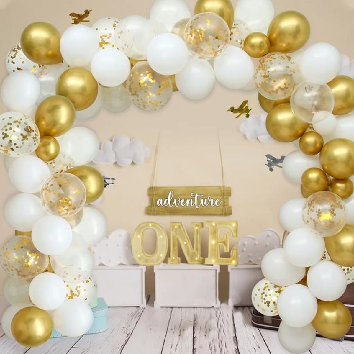 87 Pcs Ballon Kit Blanc et Or Confettis Ballon Latex,Blanc Ballons ...