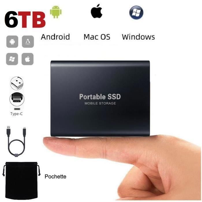 Disque Dur SSD Externe Portable 6TB 6To Couleur Noir avec OTG Type-C ...
