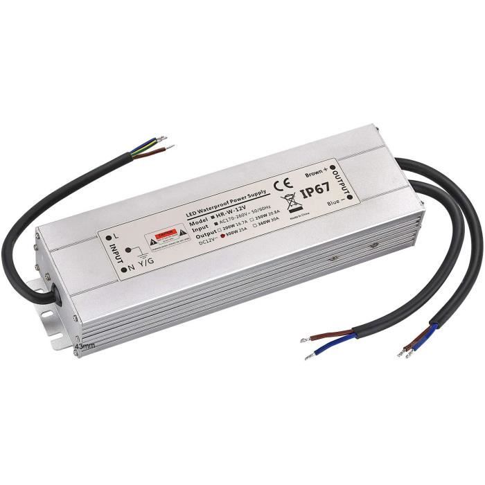 Transformateur 230v 12v LED Étanche IP67, LED Driver 300W, Alimentation pour Stripe Alimentation ...