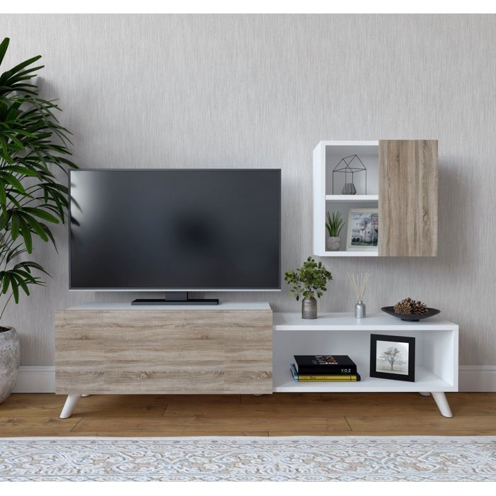 Ensemble meuble TV et étagère murale Darmus Blanc et Chêne clair ...