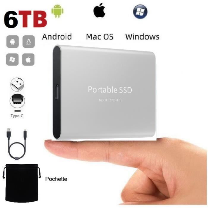 Disque SSD Mini Disque Dur Externe Portable 6TB 6To Argent Type-C avec ...