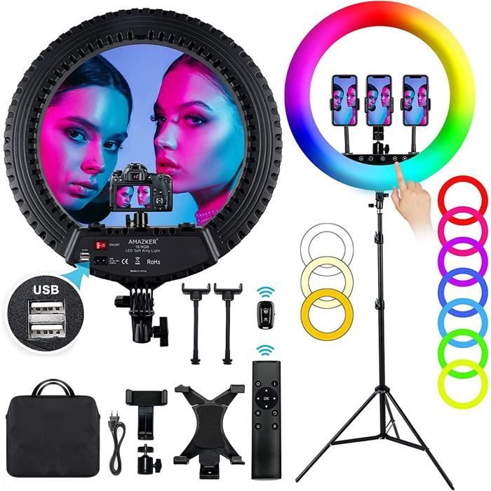 Ring Light avec Trépied Grand 18,25 modes de couleur,3000-6000K Dimmable 10 niveaux de luminosit ...