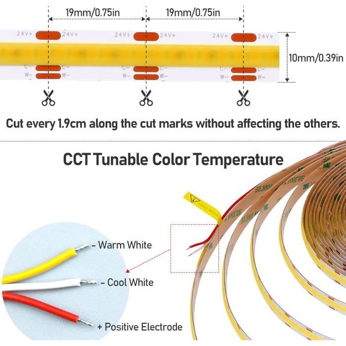 24V 10M Cct Tunable Cob Led Ruban 2700-6500K Blanc Réglable 624Led-M ...