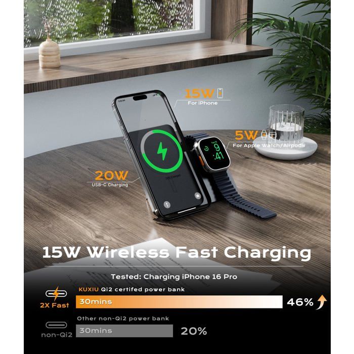 K2 Batterie Externe Magnétique 3 En 1 5000Mah, Chargeur À Induction Qi2 ...