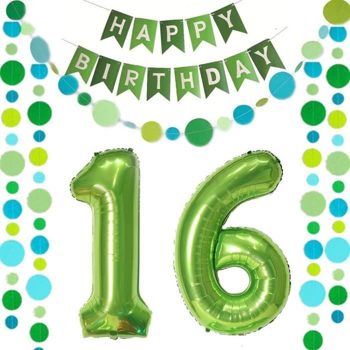 Ballons En Forme De Chiffre 16 Vert + Guirlande Happy Birthday ...