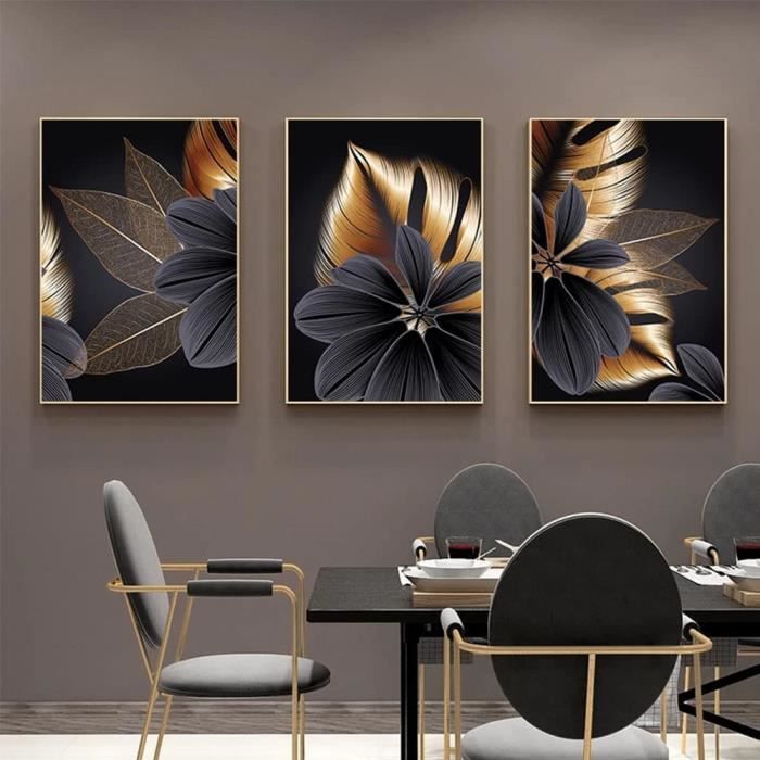 Lot de 3 posters en toile de designer - Abstrait - Noir - Feuille d'or ...