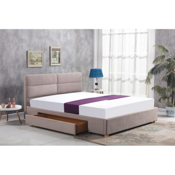 Lit rembourré 2 places 160 cm x 200 cm avec sommier à lattes - Beige ...