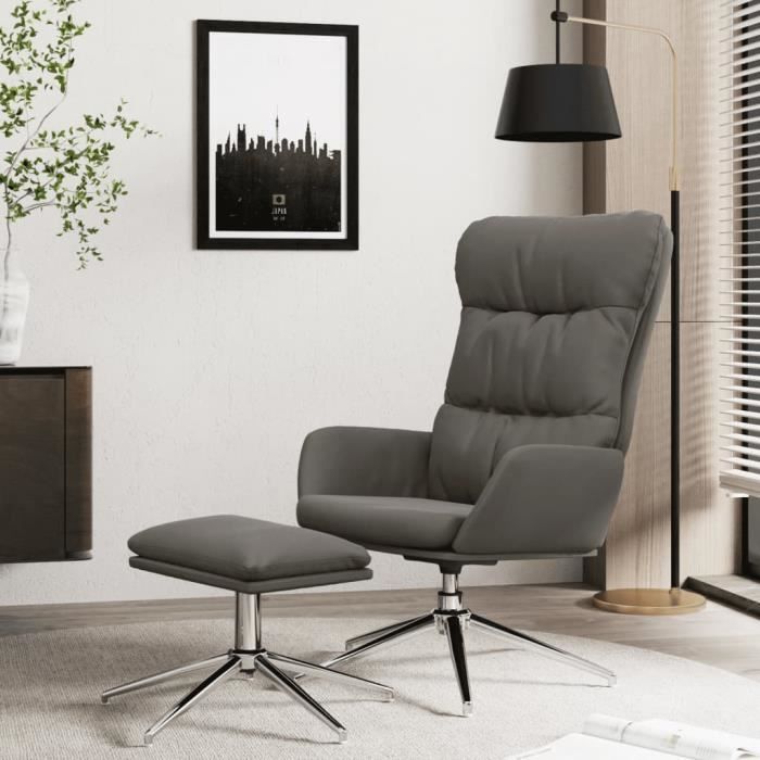 Liya - Chaise de relaxation et tabouret Gris Cuir véritable/similicuir ...
