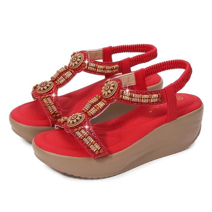 Sandales Femme Été Compensées INSFITY - Rouge - Confortable et ...