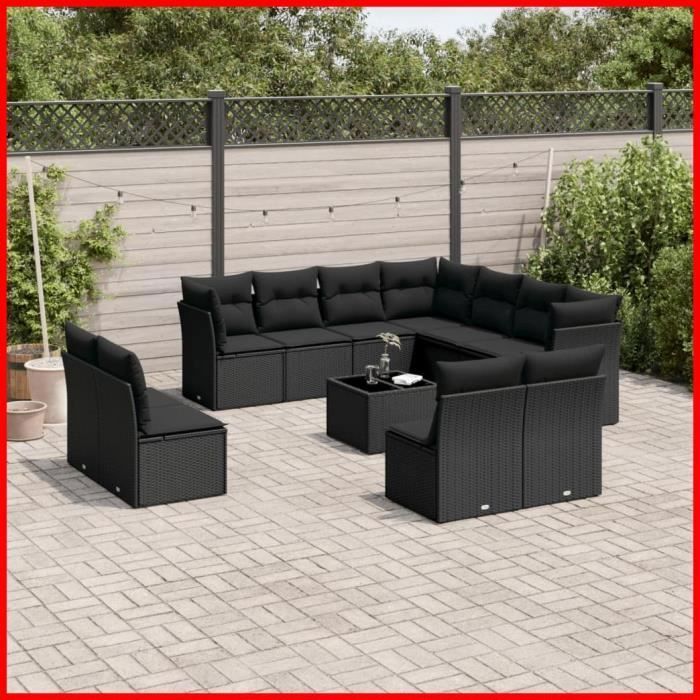 DXBK Salon de jardin 12 pcs avec coussins noir résine tressée 3249664 ...