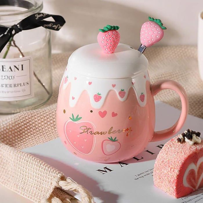 Cute Kawaii Strawberry Shaped Pink Ceramic Coffee Cup for Tea Milk ...