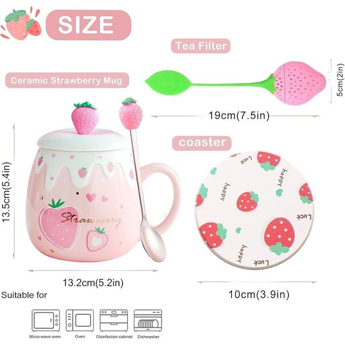 Cute Kawaii Strawberry Shaped Pink Ceramic Coffee Cup for Tea Milk ...