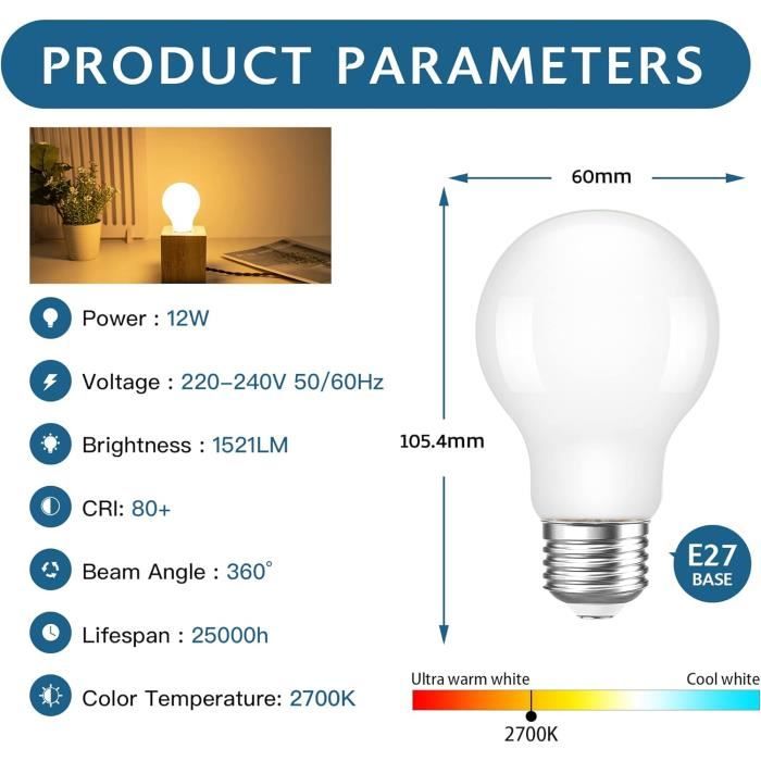 Ampoule Led Edison A60 A19 E27 Blanc Chaud 2700K 1521Lm 12W Équivalent ...
