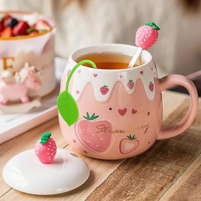 Cute Kawaii Strawberry Shaped Pink Ceramic Coffee Cup for Tea Milk ...