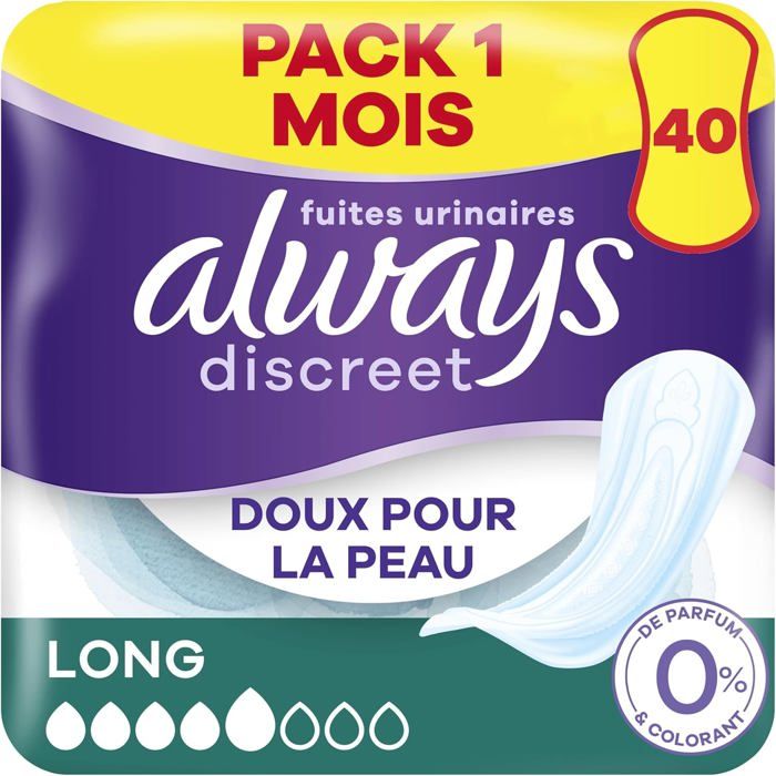 Discreet 0%,40 Serviettes hygiéniques Incontinence femme,Long 4 Gouttes ...