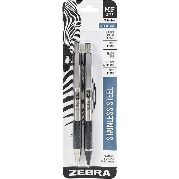 Zebra M-F 301 Ensemble de crayons et stylo à bille rétractable en acier ...