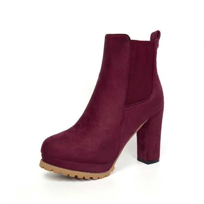 Bottines à talons épais en cuir pour femmes - Rouge Rouge - Cdiscount ...