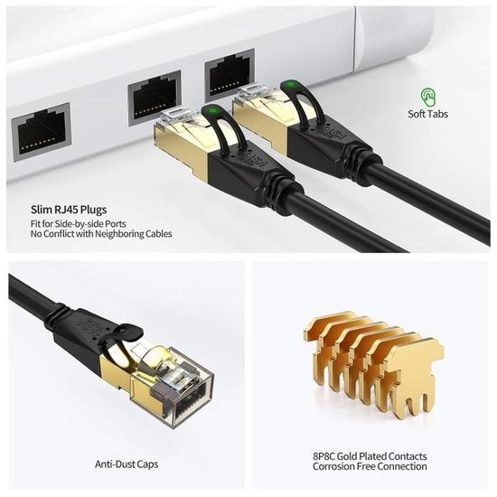 Cable Ethernet 50 cm RJ45 Cat 8 - Cable Reseau Cat 8 haute Débit 40Gbps ...