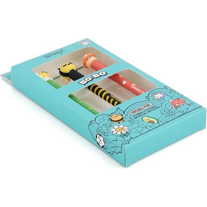 Pack de 3 stylos effaçables Bo-Bo, thème champignon, fleur, abeille ...