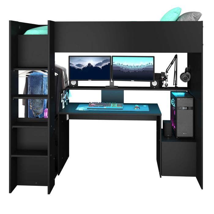 Lit mezzanine Gamer LevelUp 90x200cm avec bureau gamer - noir ...