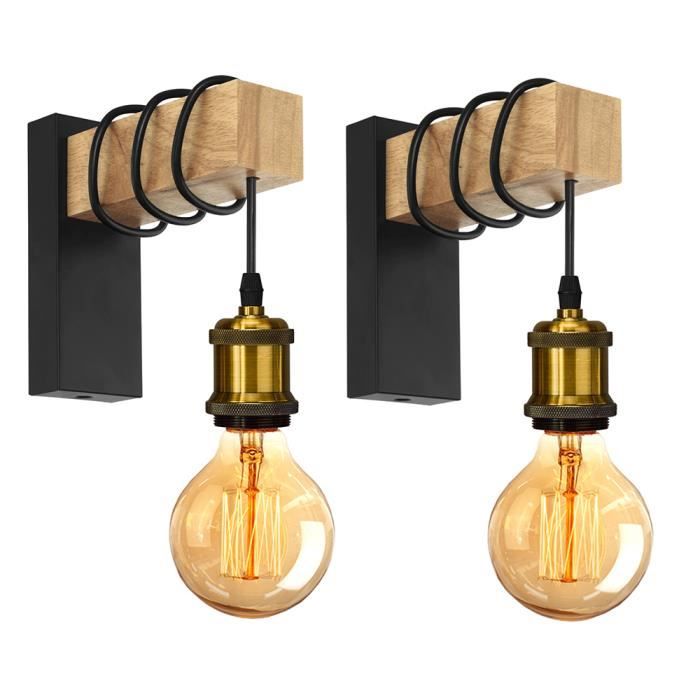 Sayoo Lot de 2 Applique Murale Industrielle Vintage Abat-jour Métal et Bois, Murale Cage Rétro ...