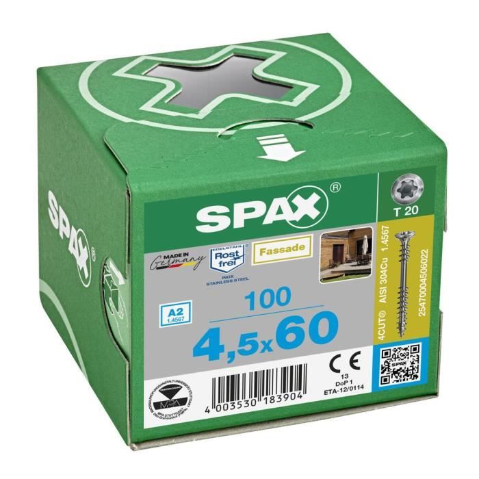 Vis avec filetage de fixation SPAX façade inox A2 - bois résineux - 100 ...