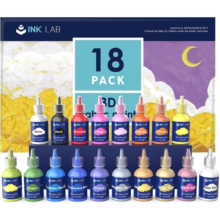 INK LAB Peinture Textile 3D Permanent 18 Couleurs Peinture Tissu Non ...