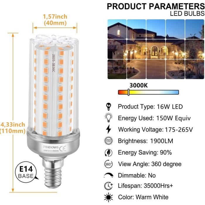 E14 Ampoule Led 16W Ampoule Maïs Led Blanc Chaud 3000K,1900Lm Lumineux Équivaut À Ampoule ...