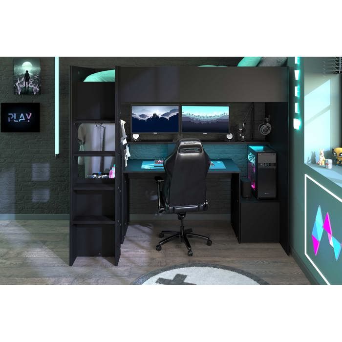 Lit mezzanine Gamer LevelUp 90x200cm avec bureau gamer - noir ...
