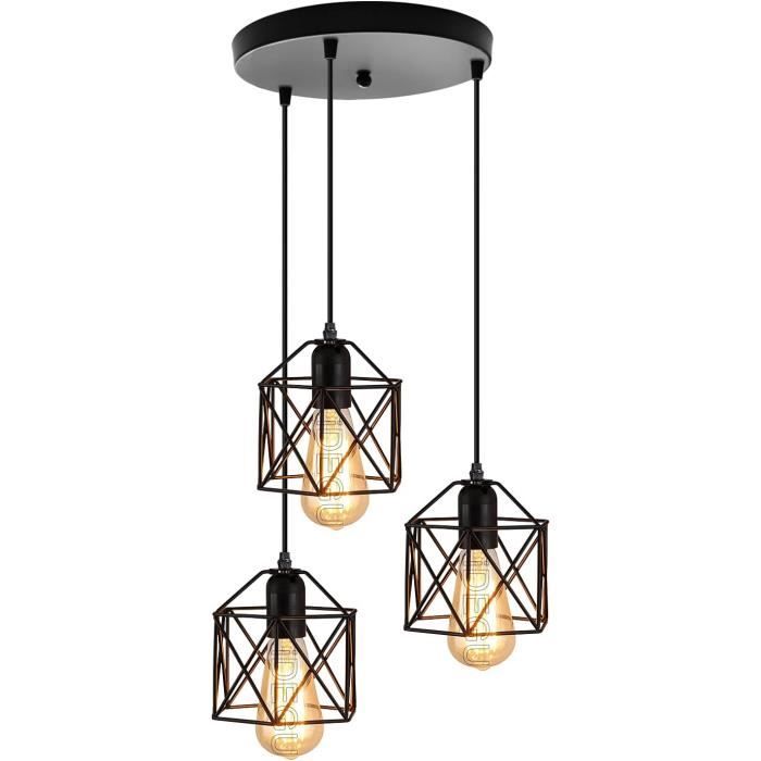 Lustre Industriel 3 Lampes Suspension En Fer Cage Carré 15Cm Luminaire ...