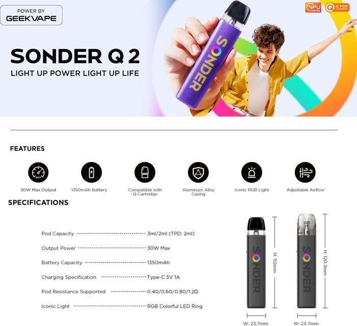 SONDER Q2 GEEKVAPE Sonder Q 2 Kit 3ml GeekVape Q Pod Cartouche 0,8ohm ...