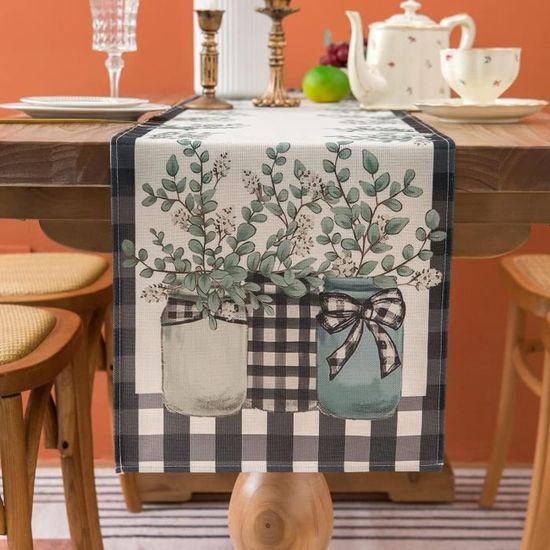 Chemin De Table Moderne Feuilles D'Eucalyptus Vert Nappe Noir Blanc ...
