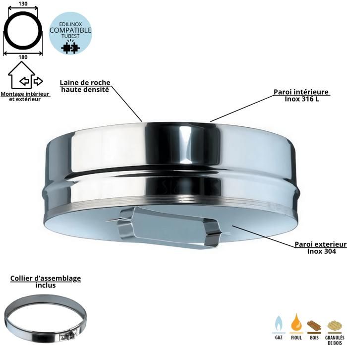 Tampon conduit double paroi isolé Edilinox - Diamètre 130 mm ...
