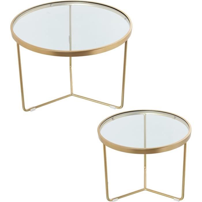 DRW Set de 2 tables rondes en métal et verre doré et transparent 60 x ...